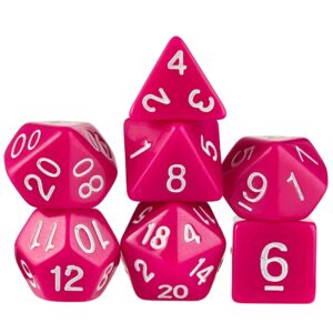 wiz dice dragonberry set of 7 polyhedral dice, solid neon magenta pink tabletop rpg dice with clear display box