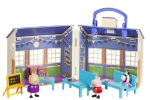 peppa pig school playset, 9 pieces - includes foldable school house case, 3 character figures & classroom accessories - back to school toy gift for kids - age 3+