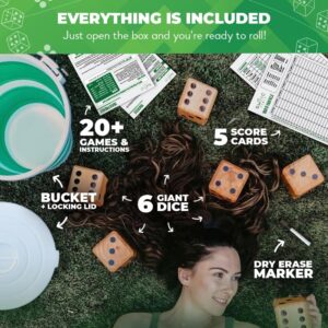 SWOOC Games - Yardzee, Farkle & 20+ Giant Dice Games - Yard Dice (All Weather) w/Bucket, Scorecards & Marker - Giant Outdoor Games - Giant Yard Games for Adults - Big Dice Jumbo Dice - Large Dice