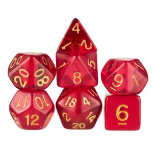 wiz dice blood lust set of 7 polyhedral dice, translucent dark crimson red tabletop rpg dice with clear display box