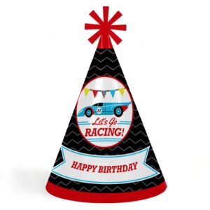 let’s go racing - racecar - cone race car happy birthday party hats for kids and adults - set of 8 (standard size)