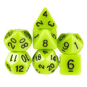 wiz dice sticky ichor set of 7 polyhedral dice, solid neon green tabletop rpg dice with clear display box