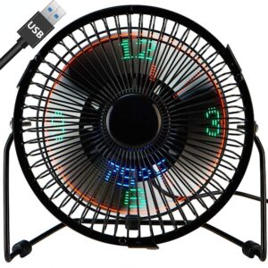 lichamp small desk fan with clock and temperature display, 7 inch metal frame usb powered flashing led display electric little personal cooling fan, quiet table fan with 5 feet usb cable