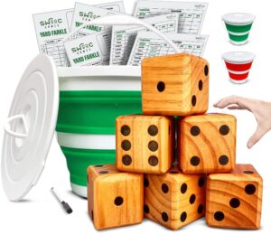 swooc games - yardzee, farkle & 20+ giant dice games - yard dice (all weather) w/bucket, scorecards & marker - giant outdoor games - giant yard games for adults - big dice jumbo dice - large dice