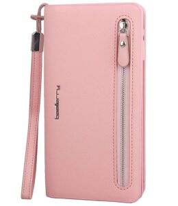 women’s long pu leather wallet with credit card holders money organizer zipper purse wristlet handbag (a pink)