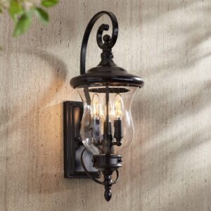 franklin iron works carriage traditional outdoor wall light fixture led bronze brown 22" clear seedy glass shade decor exterior house porch patio outside deck garage yard front door garden home