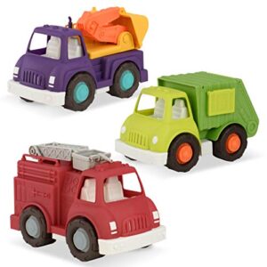 battat- wonder wheels- 3-piece toy truck set – fire truck, recyling truck, excavator truck – toy emergency vehicles- recyclable materials – 1 year +