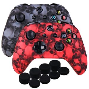 9cdeer 2 pieces of silicone water transfer protective sleeve case cover skin + 8 thumb grips analog caps for xbox one/s/x controller, skull black & red