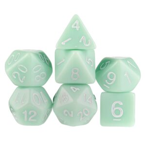 wiz dice ghost jade set of 7 polyhedral dice, solid pastel mint green rpg dice with clear display box