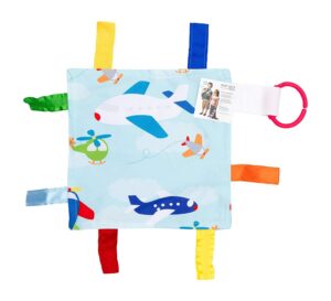 baby sensory crinkle & teething square lovey toy with closed ribbon tags for increased stimulation: 8"x8" (airplanes)