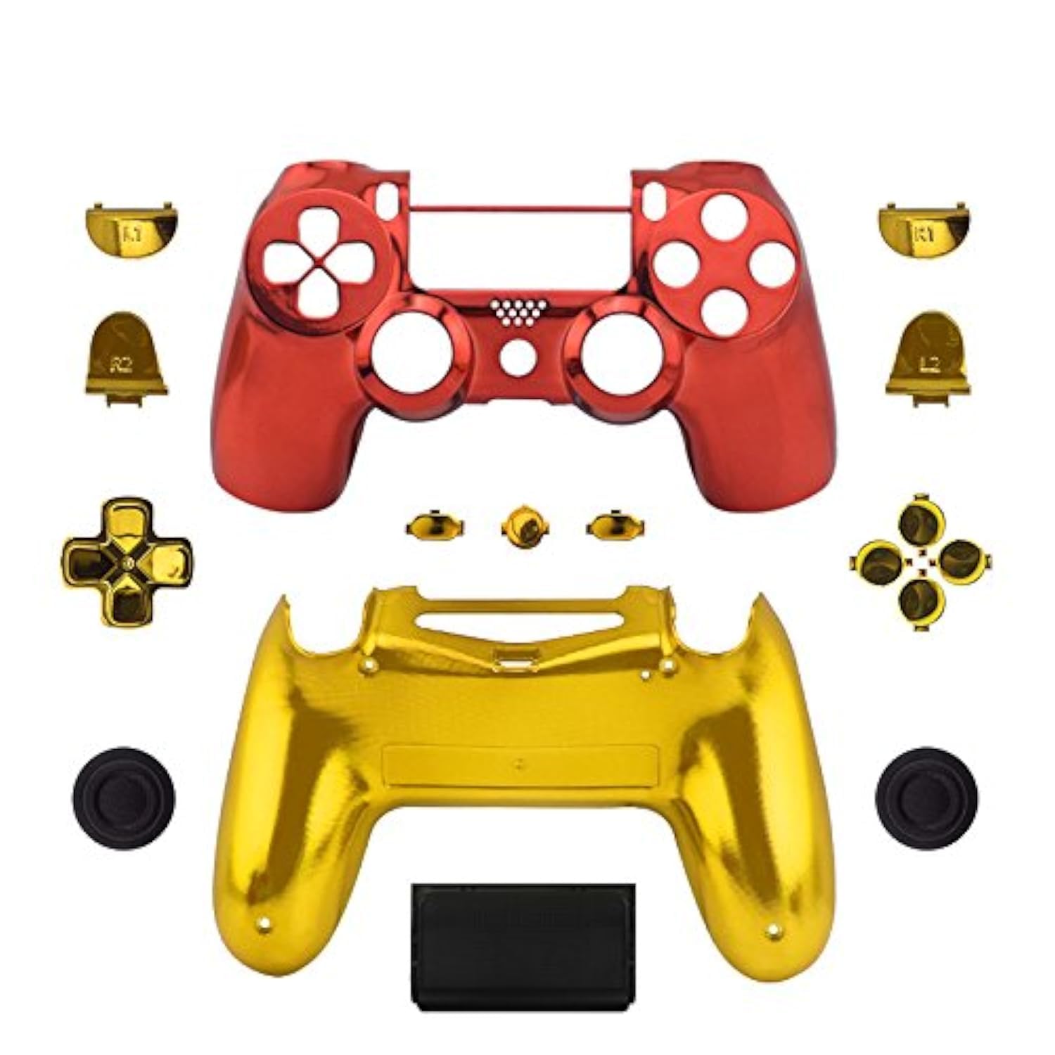 WPS Chrome Controller Case Collection Full Housing Shell + Full Buttons for PS4 Playstation Slim Pro (JDM-040) Controller (Chrome Red & Gold)