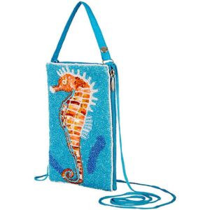 seahorse hand beaded light purse club bag, with cross body strap and buttoned wristlet strap