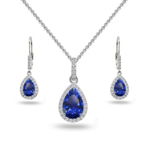 b. brilliant sterling silver created blue sapphire & white topaz teardrop dangling necklace & leverback drop dangle earrings jewelry set for women with gift box