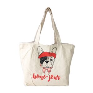 fashion culture frenchie french bulldog 'bone-jour' canvas market tote, natural