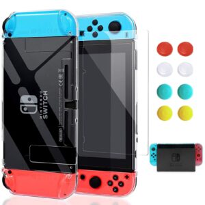 vegcoo switch protective case, dockable crystal clear shockproof ergonomic anti-scratch cover for nintendo switch with glass screen protector & thumb grips caps-clear