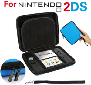 gpct nintendo 2ds hard shell eva carry case cover bag. protects against bumps/drops/dust/dirt/scratches. protective travel storage cover pouch w/ 8 game holders, double zipper zip pocket- blue