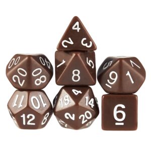 wiz dice enchanted clay set of 7 polyhedral dice, solid army brown rpg dice with clear display box