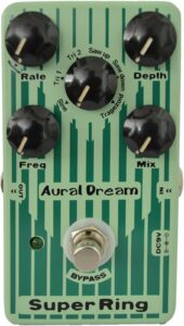 aural dream super ring guitar effect pedal provides 2 ring modes and 6 modulation waveforms through adjusting rate and fluctuating depth to simulate tubular bell,chime and bells,true bypass