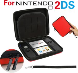 gpct nintendo 2ds hard shell eva carry case cover bag. protects against bumps/drops/dust/dirt/scratches. protective travel storage cover pouch w/ 8 game holders, double zipper zip pocket- red