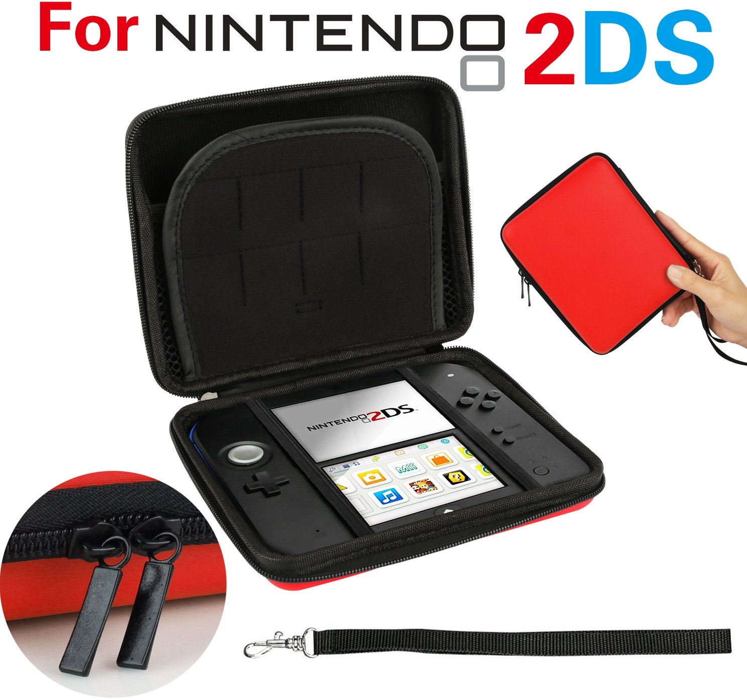 GPCT Nintendo 2DS Hard Shell EVA Carry Case Cover Bag. Protects Against Bumps/Drops/Dust/Dirt/Scratches. Protective Travel Storage Cover Pouch W/ 8 Game Holders, Double Zipper Zip Pocket- Red