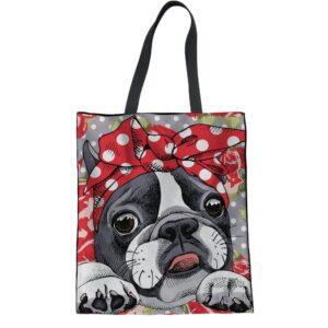 hugs idea floral boston terrier linen tote bag teen girl travel beach multifunction shoulder bag