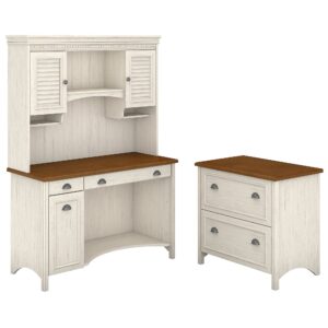 bush furniture fairview computer desk with hutch and 2 drawer lateral file cabinet, antique white