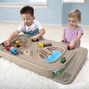 Simplay3 Portable Carry and Go Kids Race Track Toy Car Train Table, 2-sided No Assembly for Children 3 4 5 6 7 Years Old Boys Girls, Made in USA