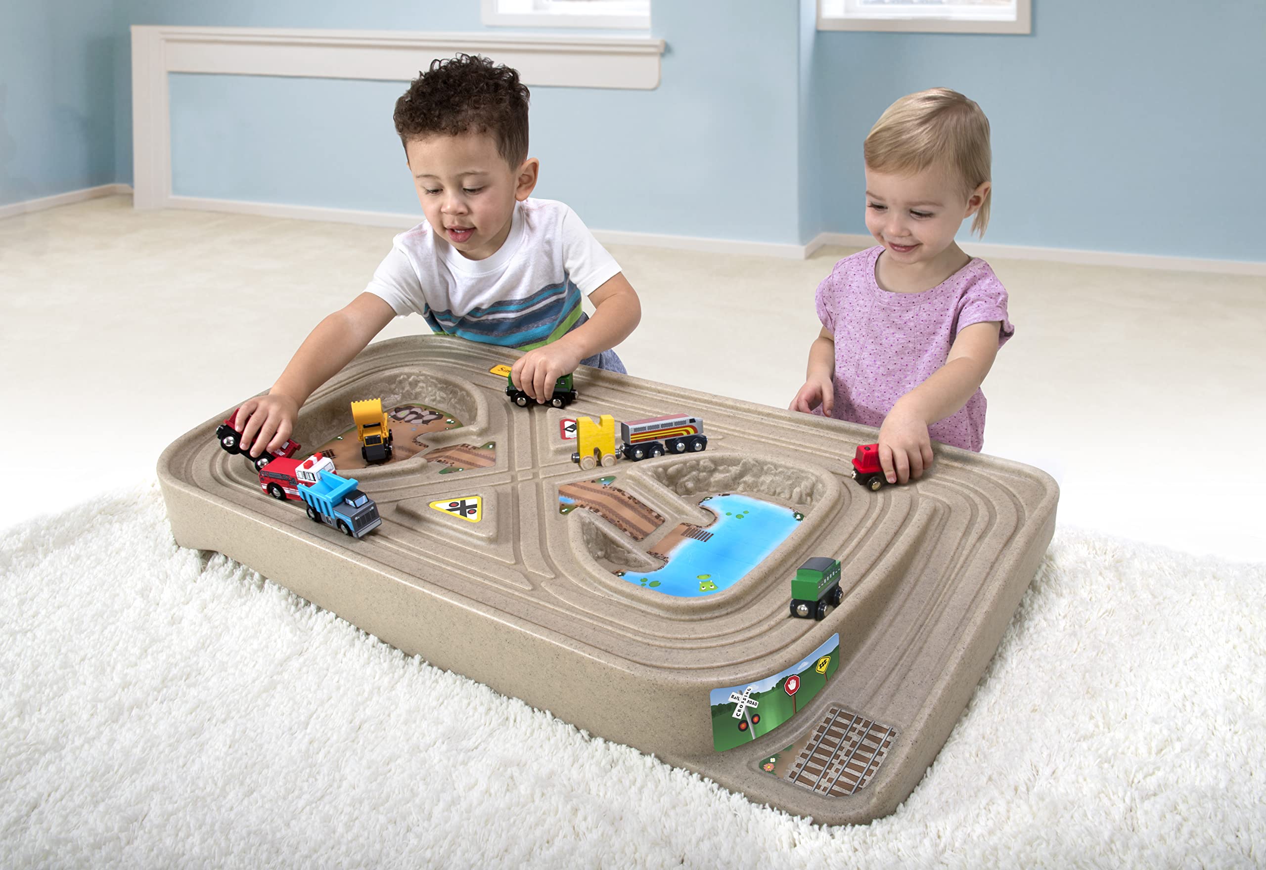 Simplay3 Portable Carry and Go Kids Race Track Toy Car Train Table, 2-sided No Assembly for Children 3 4 5 6 7 Years Old Boys Girls, Made in USA