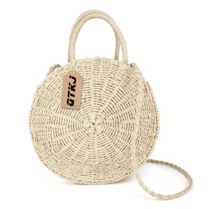 women straw summer beach bag handwoven round rattan bag cross body bag shoulder messenger satchel (beige)