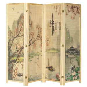 mygift decorative 4-panel folding bamboo room divider asian-inspired cherry blossom scene, freestanding floral artwork room partitioner with beige wood frame