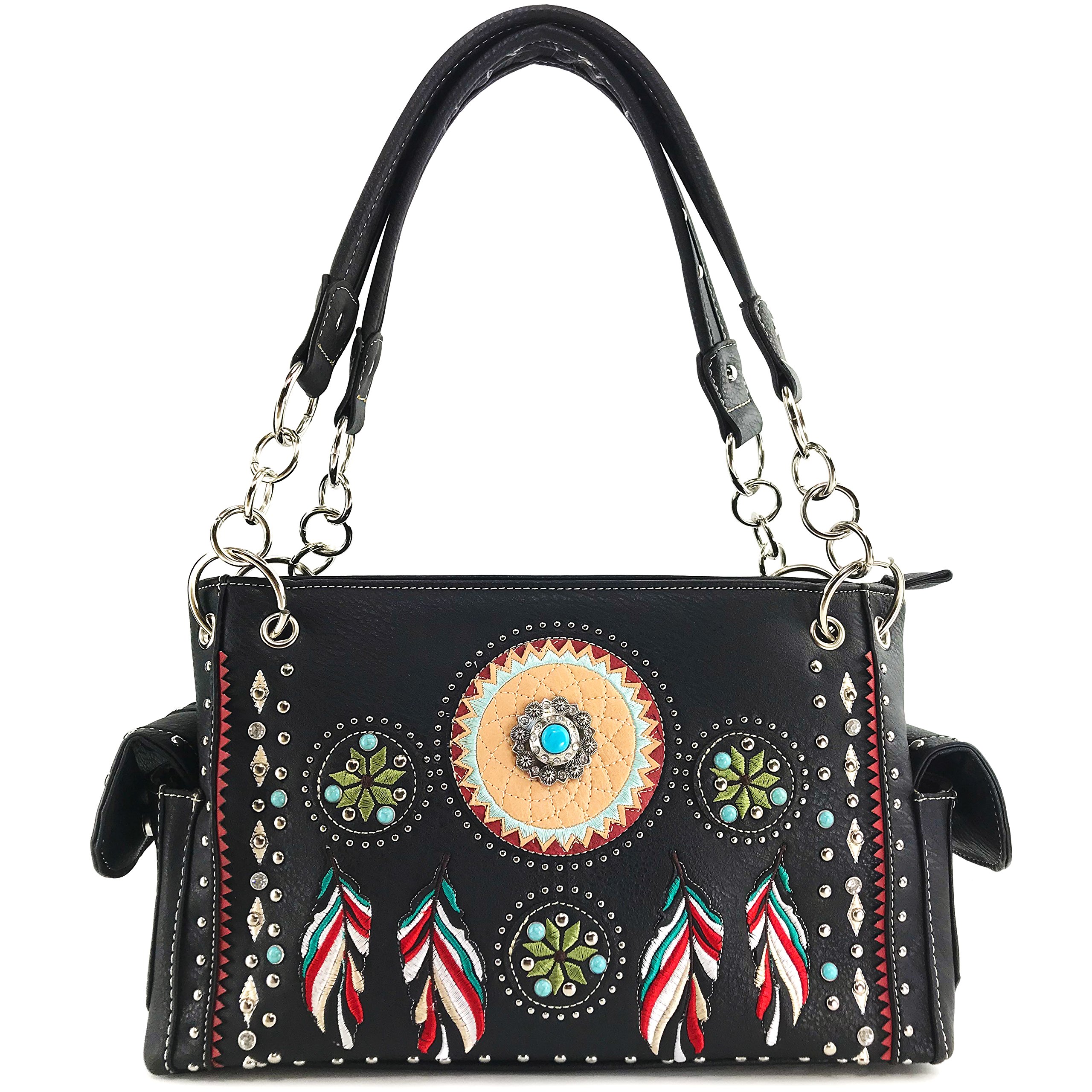 Justin West Tribal Dream Catcher Feather Embroidery CCW Concealed Carry Handbag (Tan Handbag Only)