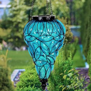 exhart outdoor garden solar lights, tear-shaped glass and metal hanging lantern, 15 firefly led lights, 7 x 24 inch, blue