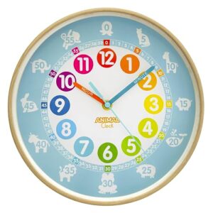 animal preschool clock - time teacher 10 inch educational silent wall clock with wood look frame - easy to read dial for teacher's classrooms, preschooler's bedroom & children playroom