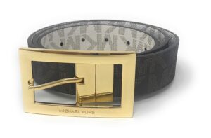 michael kors women's rectangle buckle reversible brown to vanilla logo belt (xl)