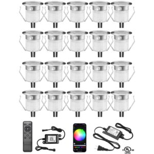 led deck lights kit, 20pcs Φ1.18 wifi wireless smart phone control low voltage recessed rgb deck lamp in-ground lighting waterproof outdoor yard path stair landscape decor, fit for alexa,google home