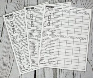 3 yardzee score cards. laminated score cards with rules on the back, yard games, outdoor games, outdoor events. reusable score cards. size- 8.5" x 11"