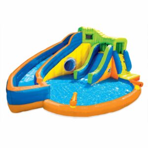 banzai pipeline twist kids inflatable outdoor backyard waterpark activity play center: baby pool, blow up pool with outdoor slide, and a fun clubhouse