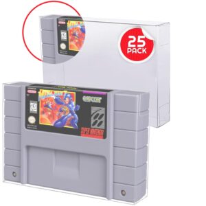 snes games cartridge protector compatible for super nintendo snes games cartridge - 0.40 mm thick, anti-dust, acid-free snes super games cart, clear pet case protector by evoretro (pack of 25)