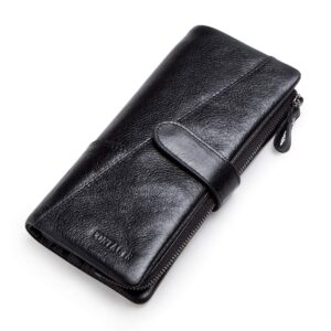 contacts real leather women secretary zipper phone holder clutch purse wallet (black)