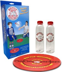 bottle-bullseye™ game. official game kit. fun family game. play indoors or outdoors. made in the usa. great for family game night, parties, picnics, camping, tailgating. durable target & bottles!