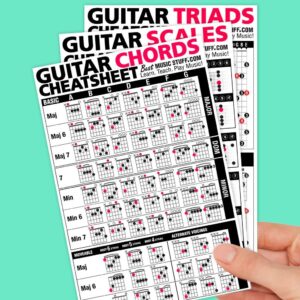 best music stuff guitar cheatsheets bundle (chords, scales, and triads cheatsheet • laminated pocket reference (large - 6-in x 9-in)