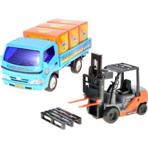 powertrc forklift & truck play set friction powered | warehouse,construction pretend toy set, toddler cars trucks | gifts toy boys ages 3-5,6,7,8,9+