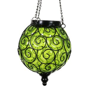 exhart outdoor garden solar lights, round glass and metal hanging lantern, 15 firefly led lights, 7 x 20 inch, green