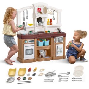 step2 fun with friends kids kitchen playset, indoor/outdoor kitchenette, interactive play with lights and sounds, durable plastic, includes 25 piece toy accessories, toddlers 2+ years old, tan