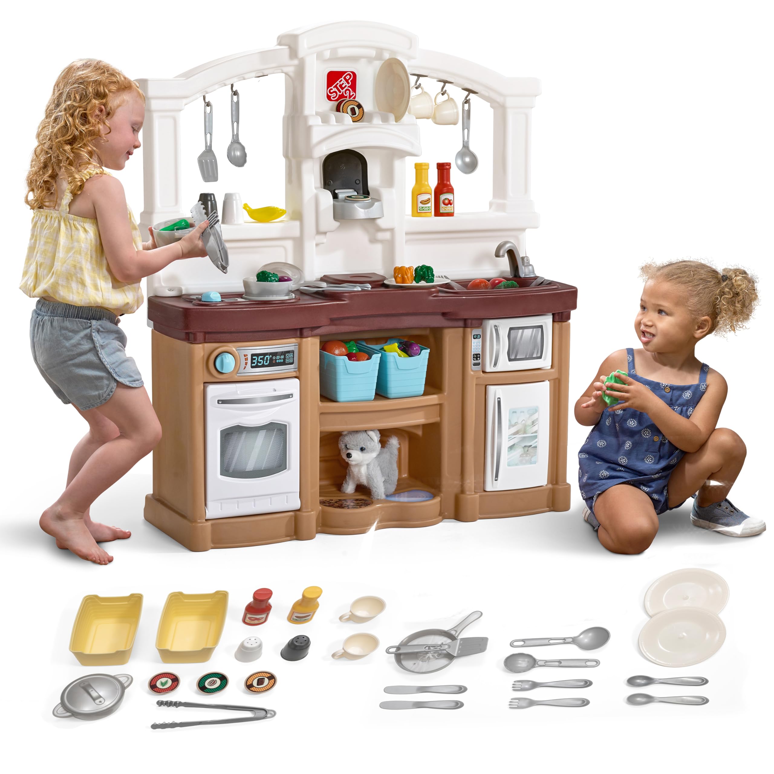 Step2 Fun with Friends Kids Kitchen Playset, Indoor/Outdoor Kitchenette, Interactive Play with Lights and Sounds, Durable Plastic, Includes 25 Piece Toy Accessories, Toddlers 2+ Years Old, Tan