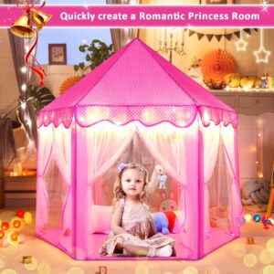 Princess Castle Play Tent for Girls: Sumerice Girls Play Tent with Lights - Pink Kids Playhouse Tent Indoor Outdoor Games - Hexagon Children Play House Fairy Tent Toys Toddler Gifts