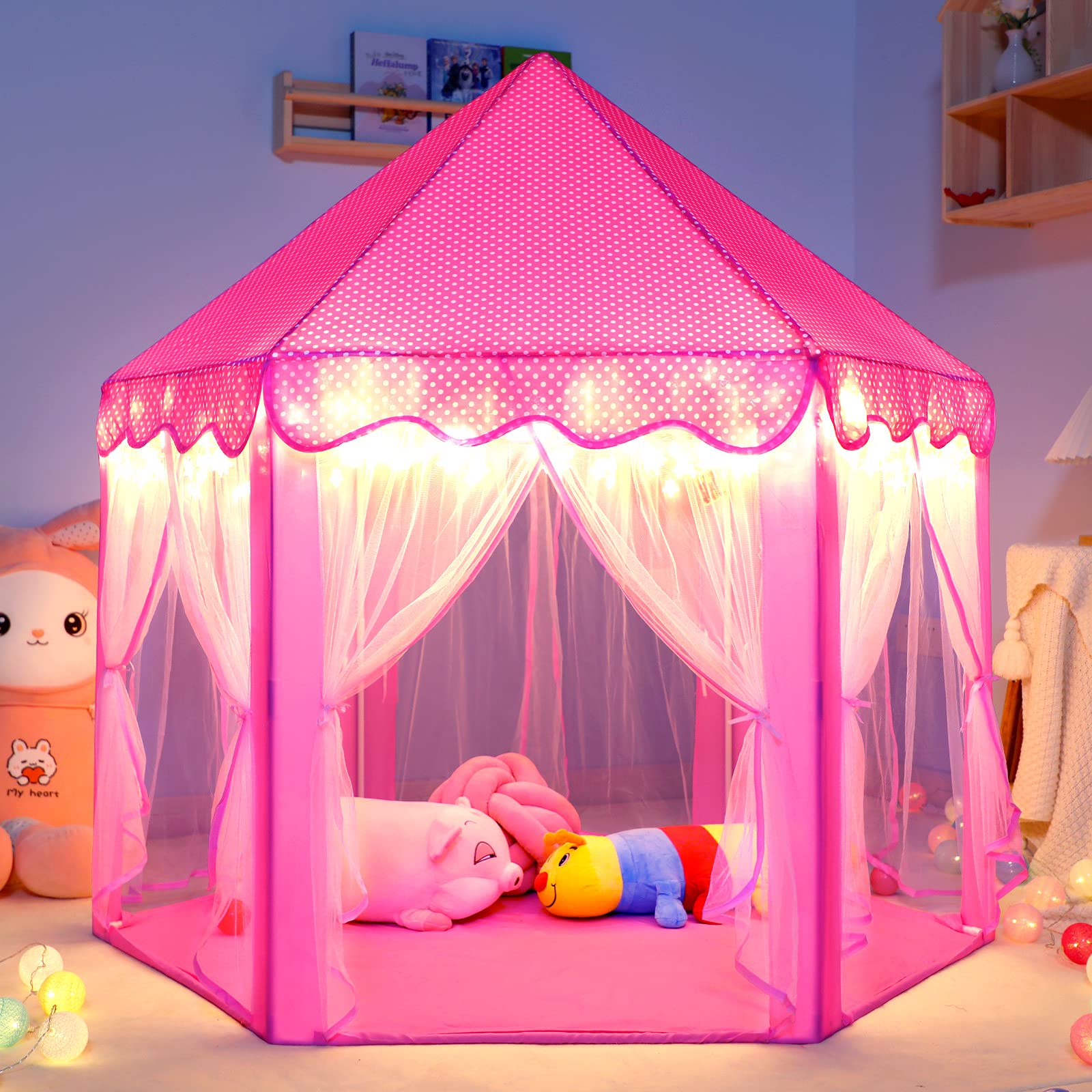 Princess Castle Play Tent for Girls: Sumerice Girls Play Tent with Lights - Pink Kids Playhouse Tent Indoor Outdoor Games - Hexagon Children Play House Fairy Tent Toys Toddler Gifts