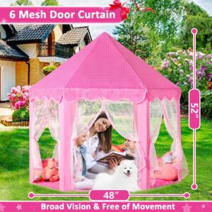 Princess Castle Play Tent for Girls: Sumerice Girls Play Tent with Lights - Pink Kids Playhouse Tent Indoor Outdoor Games - Hexagon Children Play House Fairy Tent Toys Toddler Gifts