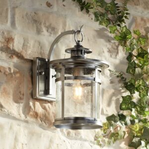 franklin iron works callaway modern industrial outdoor wall light fixture chrome 14 1/2" clear seedy glass lantern for exterior house porch patio outside deck garage yard front door garden home