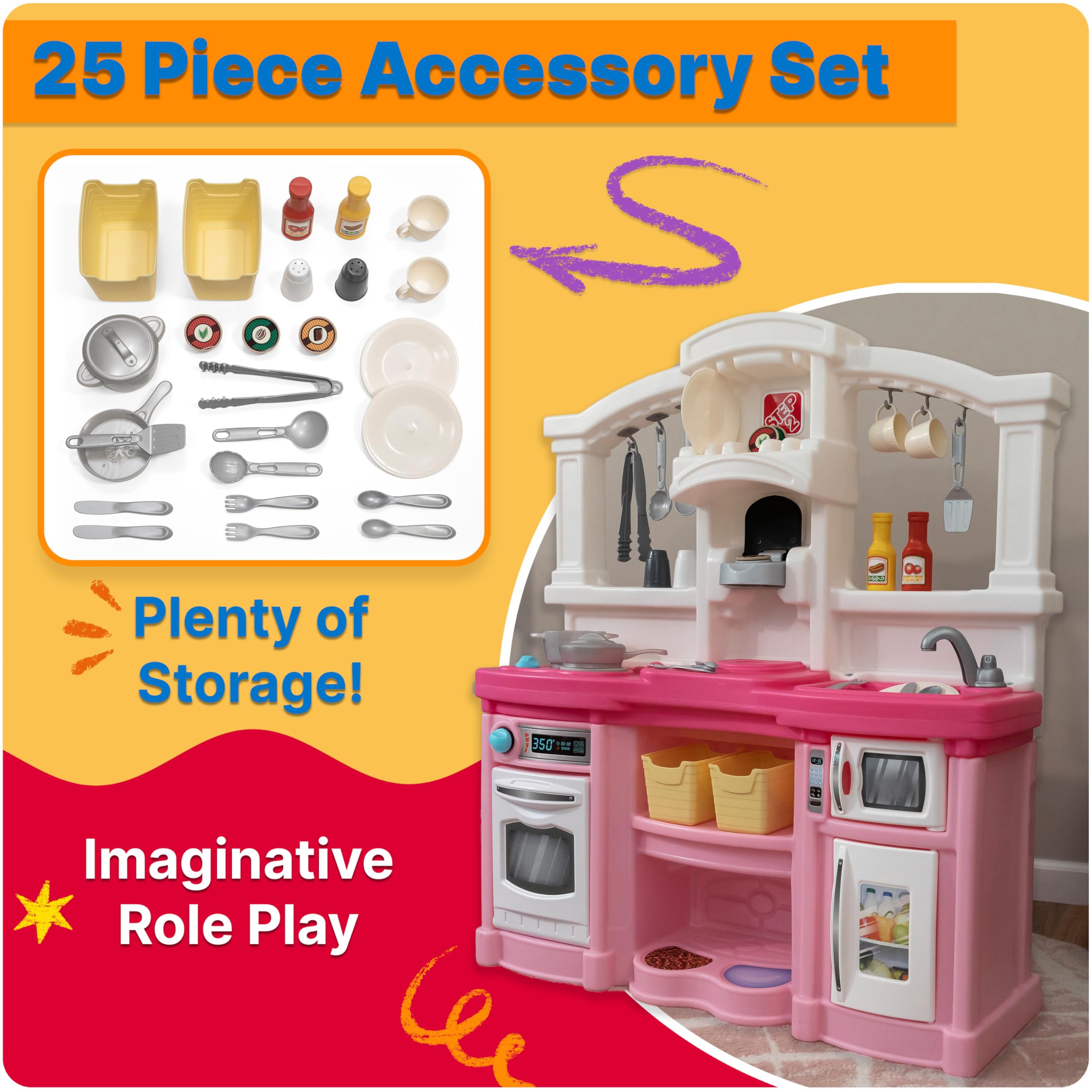 Step2 Fun with Friends Kids Kitchen Playset, Indoor/Outdoor Kitchenette, Interactive Play with Lights and Sounds, Durable Plastic, Includes 25 Piece Toy Accessories, Toddlers 2+ Years Old, Tan